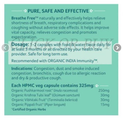 ORGANIC INDIA Breathe Free 60 Capsules- Asthma, Respiratory ...