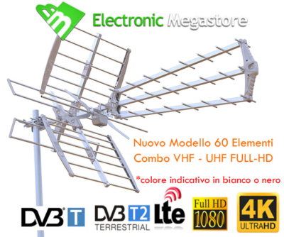 KIT ANTENNA DIGITALE TERRESTRE DTT COMBO COMBINATA UNICA UHF VHF ...