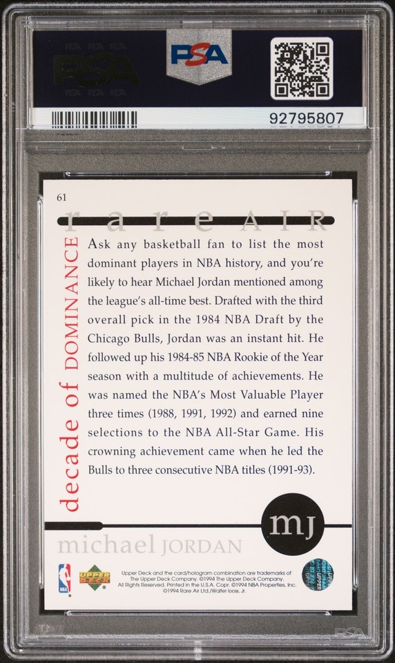1994 Upper Deck Rare Air Basketball Michael Jordan #61 Bulls PSA 9 MINT ...