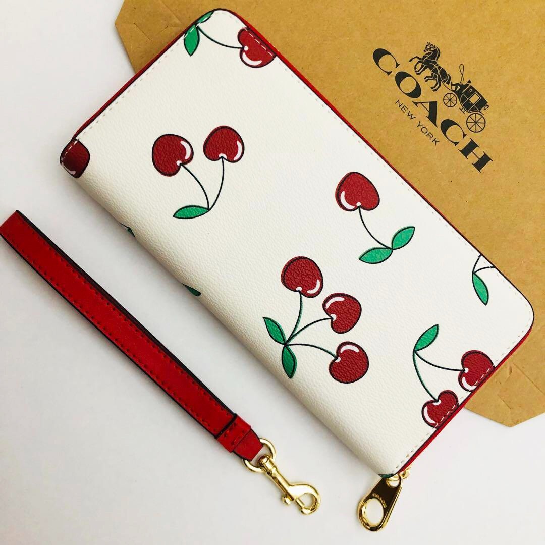 COACH Zip Around Accordion Long Wallet Heart Cherry Print Chalk CF406 ...