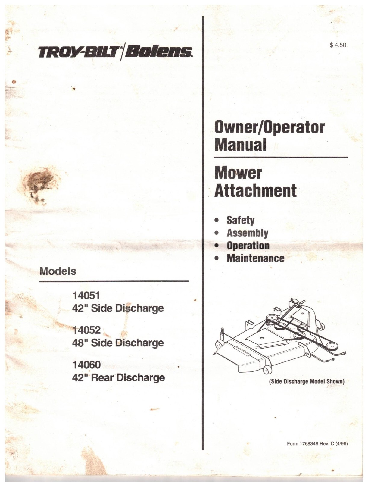 1990s Troy-Bilt Owner's Manual Mower Attachment Models 14051, 52, 60 | eBay