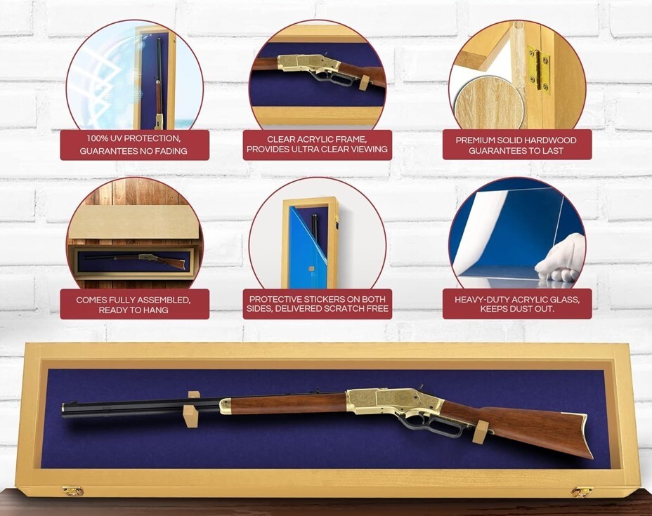 Gun Display Case 45" Rifle Golden Oak Blue Wood Shotgun Lock Shadow Box ...