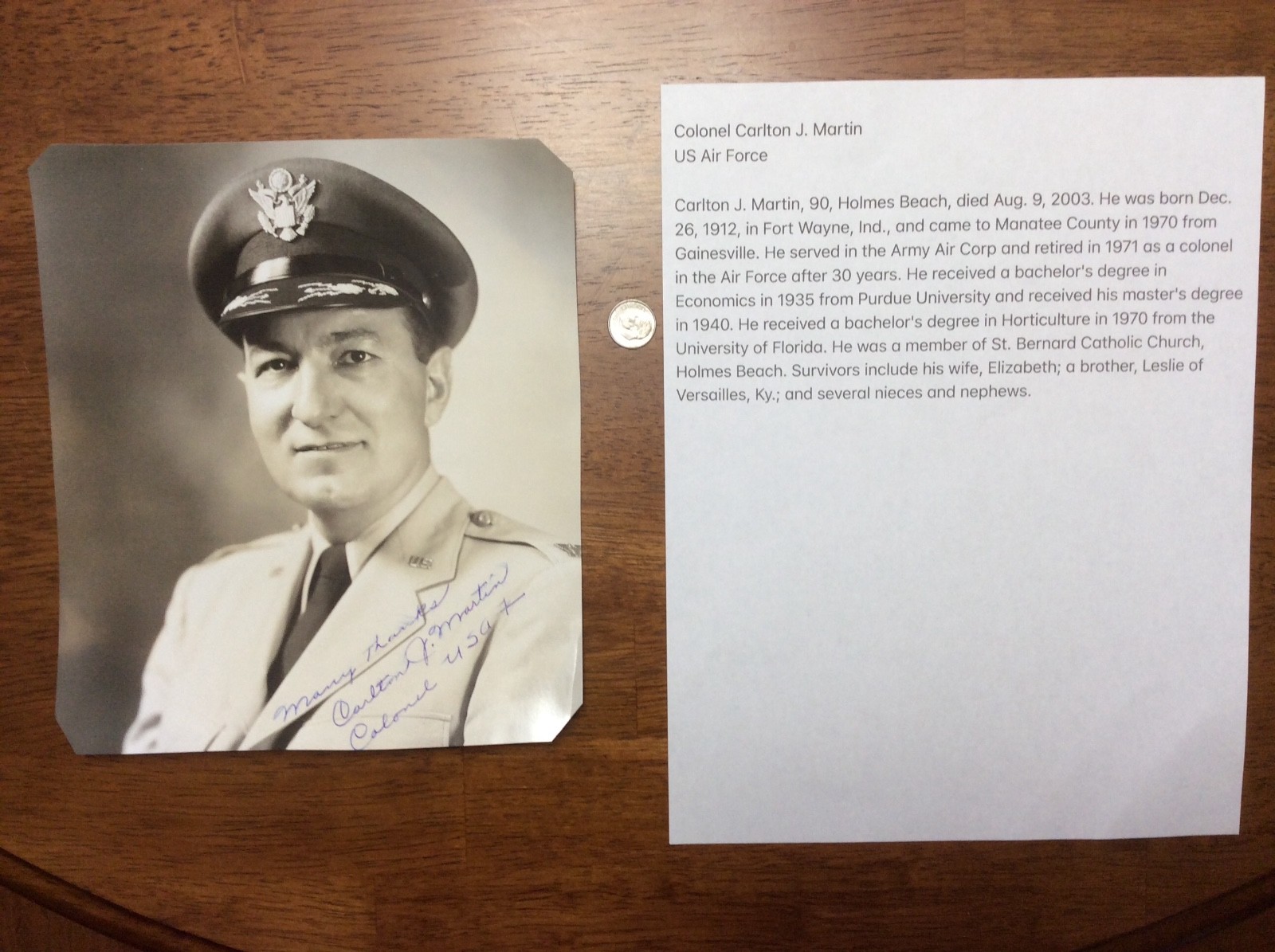 USAF Air Force Signed Autographed Photo Colonel Martin Army Corp ...