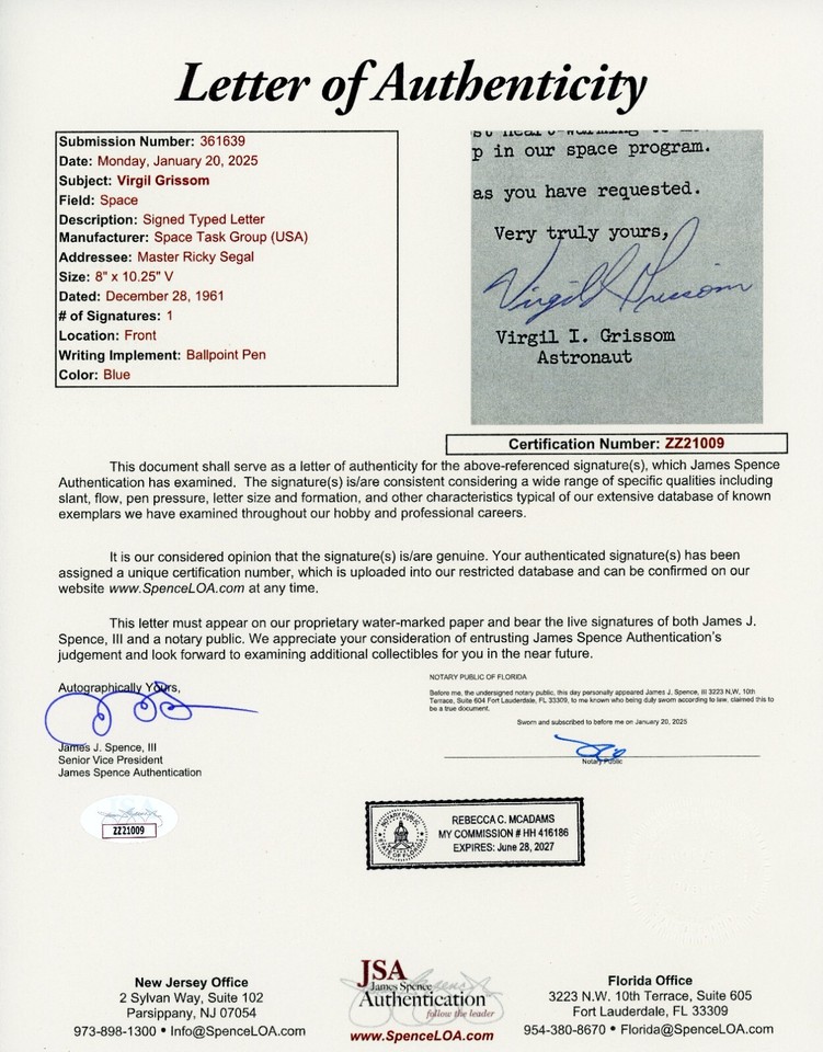 Gus Grissom ~ Signed Autographed 1961 NASA Letter ~ JSA LOA | eBay