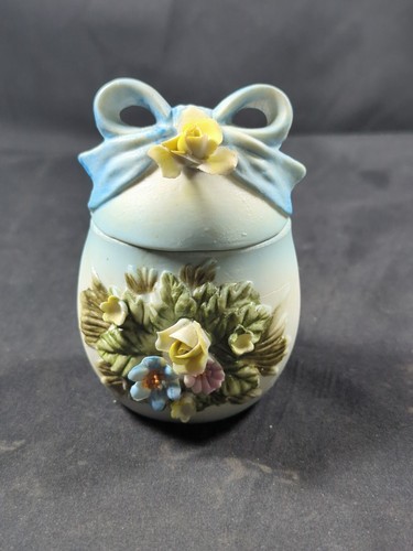 Lefton China Hand Painted Blue White Egg Shaped Trinket Box With ...