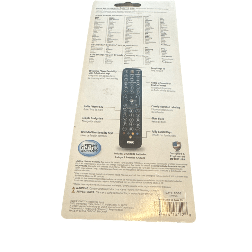 TERK TKRTBL08B 8-Device Universal Remote Control All TVs & VCRs Easy ...