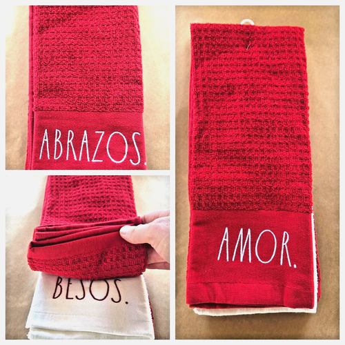 NEW Rae Dunn SPANISH Valentines Kitchen Towel Set Amor Abrazos Besos ...