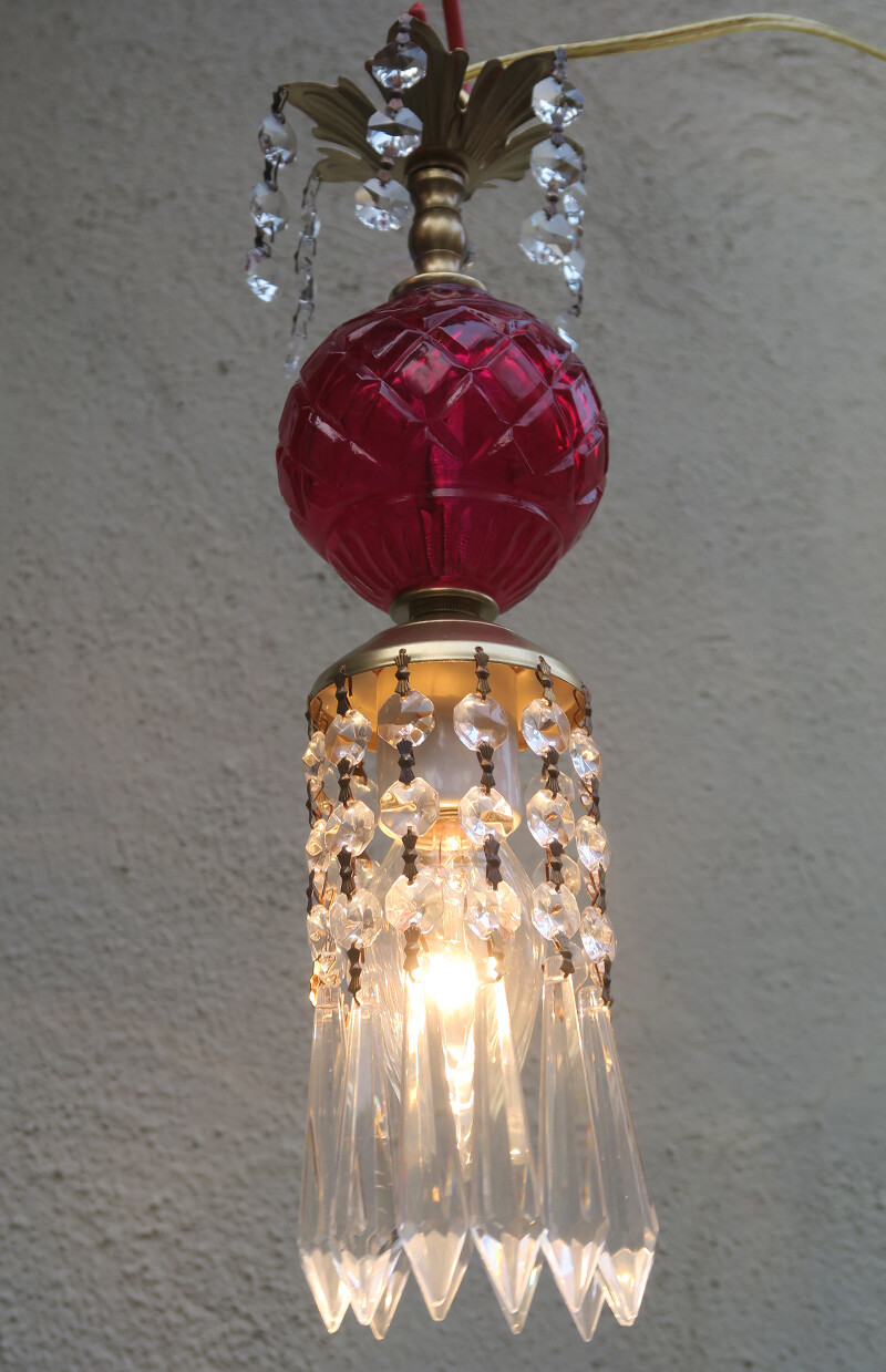 Vintage ruby cut glass Brass hanging SWAG plugin lamp chandelier ...