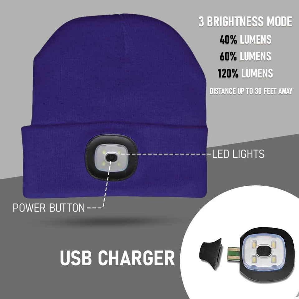 Knitted Wooly Beanie Hat With LED Light Unisex Warm High Powered Head ...