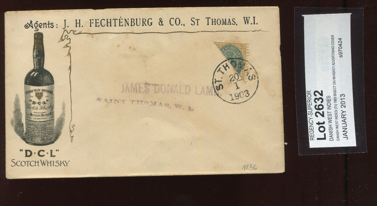 Danish West Indies 7c BISECT STAMP DCL SCOTCH WHISKY CORNER AD COVER ...