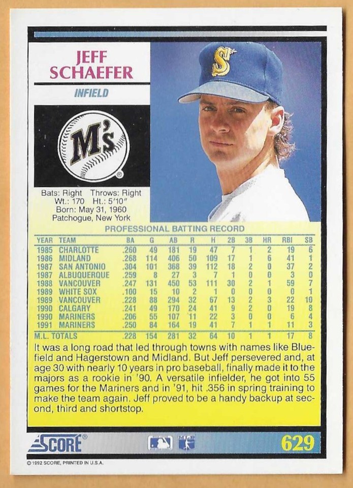 JEFF SCHAEFER SEATTLE MARINERS #629 - SCORE NM-MT 1992 | eBay