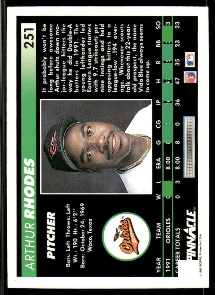 1992 Pinnacle #251 Arthur Rhodes | eBay