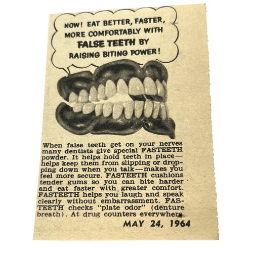 Fasteeth False Teeth Powder Print Ad Vintage 60s Dentistry Biting Power ...