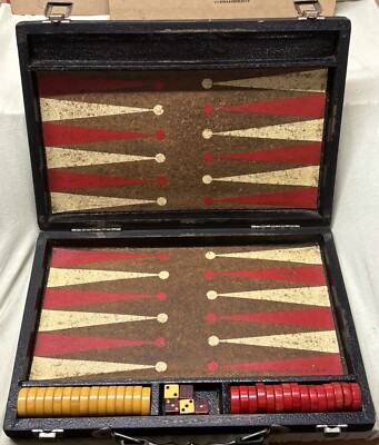Vintage Backgammon Set with Bakelite Red and Butterscotch Yellow Swirl ...