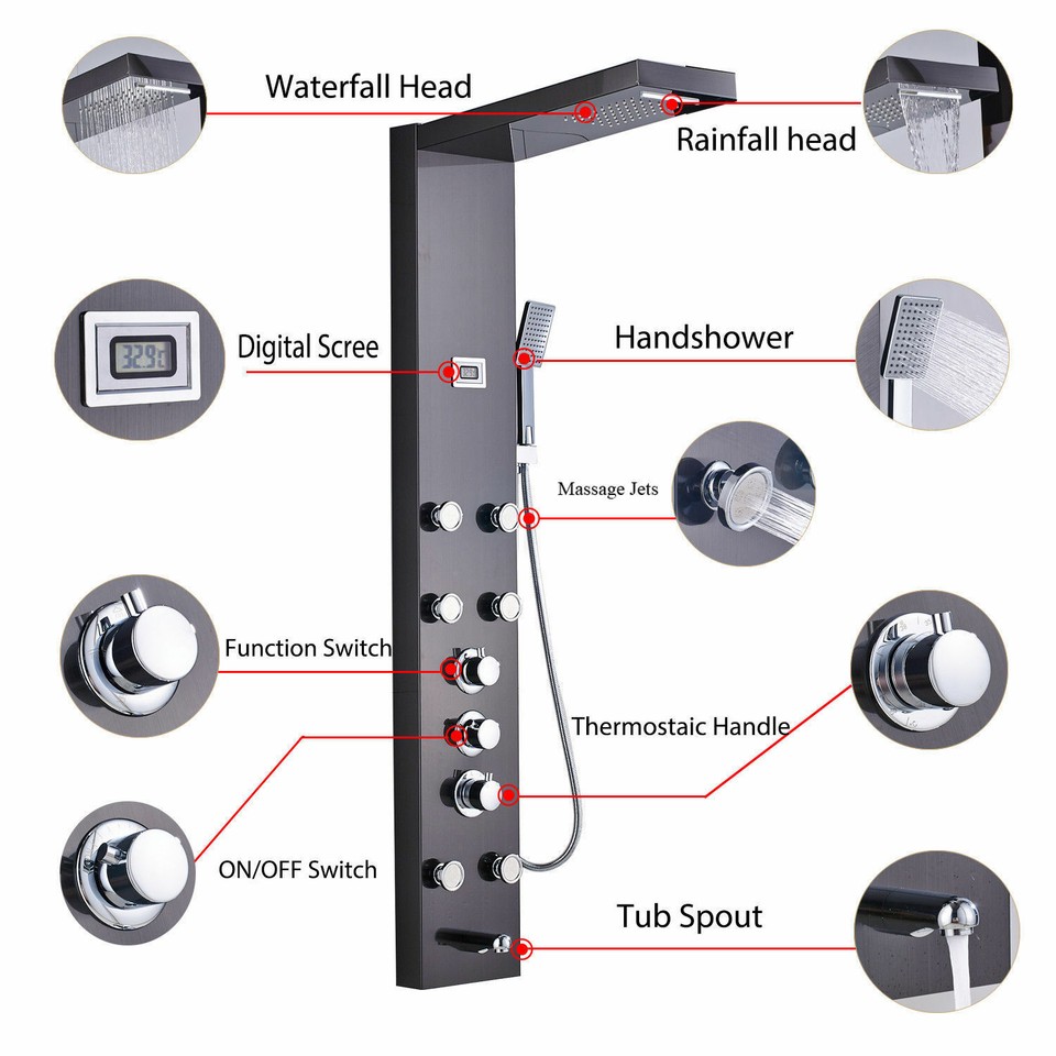 Stainless Steel Shower Panel Tower System Rain&Waterfall Massage Jet ...
