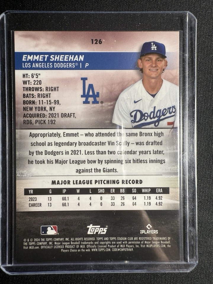 2024 Topps Stadium Club Chrome RC Rookie #126 Emmet Sheehan /30 LA ...