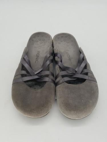 Vionic Claire Gray Leather Casual Slide Comfort Mules Shoes Orthopedic ...