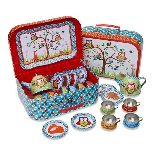 Woodland Animals Kids Tin Tea Set & Carry Case 14 PC for Red Blue for ...