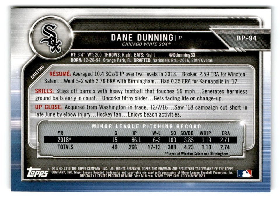 2019 Bowman Dane Dunning #BP-94 Prospects Chicago White Sox | eBay