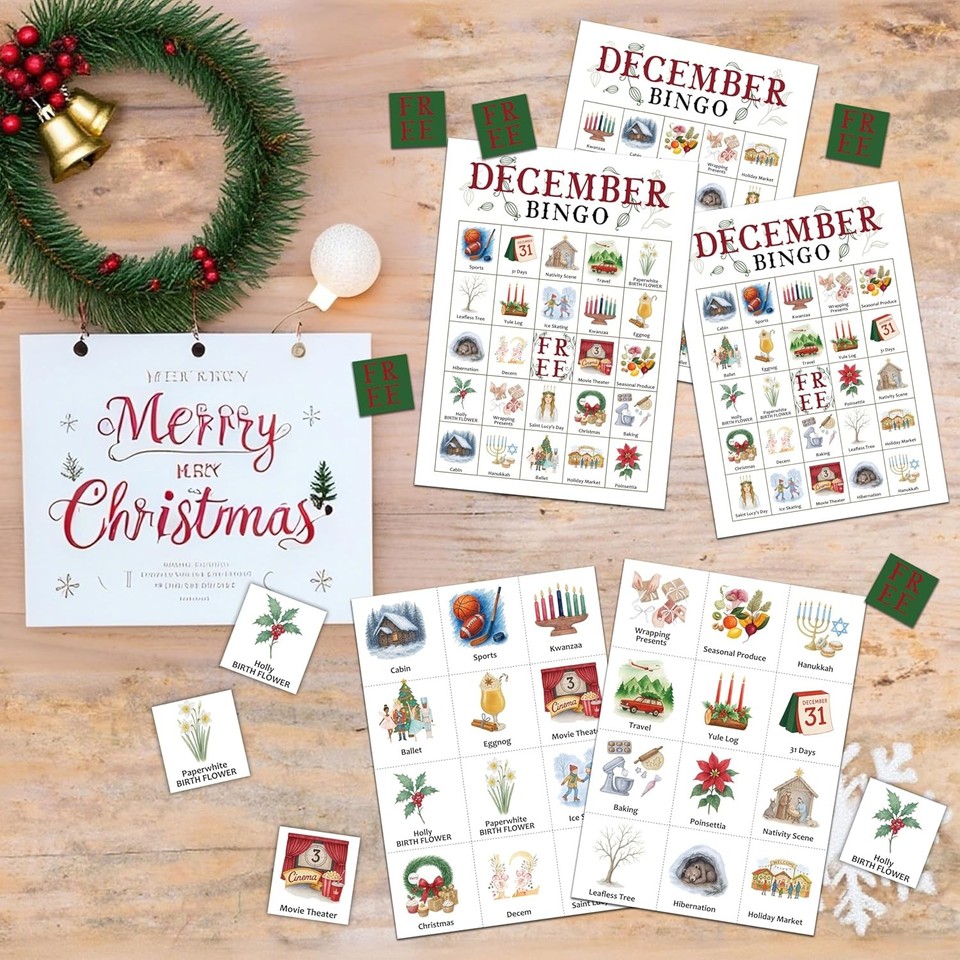 December Bingo Game, Winter Holiday Party Games for Adults, Christmas ...