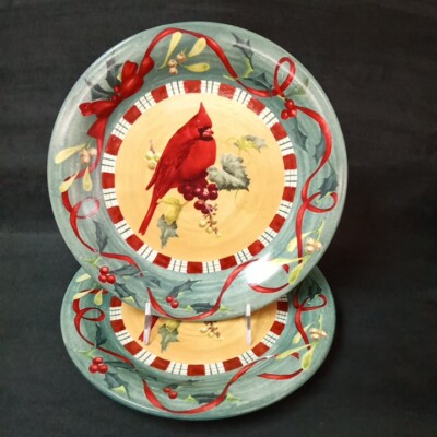 2 WINTER GREETINGS EVERYDAY by Lenox Cardinal Green Rim Dinner Plates ...