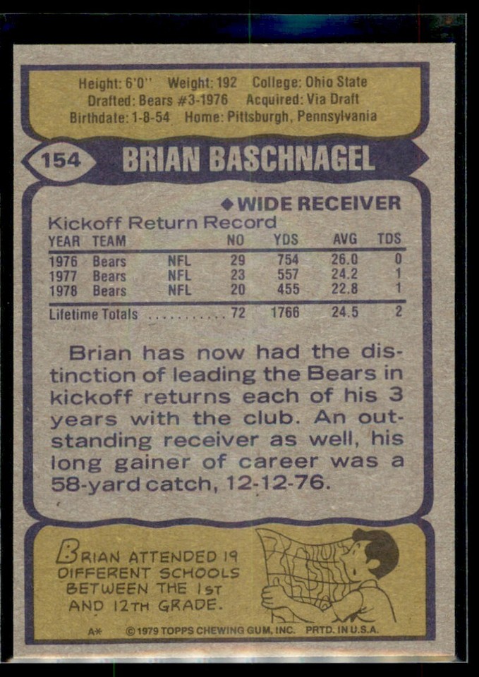 1979 Topps Brian Baschnagel Chicago Bears #154 | eBay