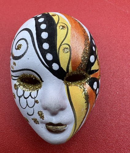 Vintage brooch-White clay Mardi Gras masquerade mask Gold Black Yellow ...