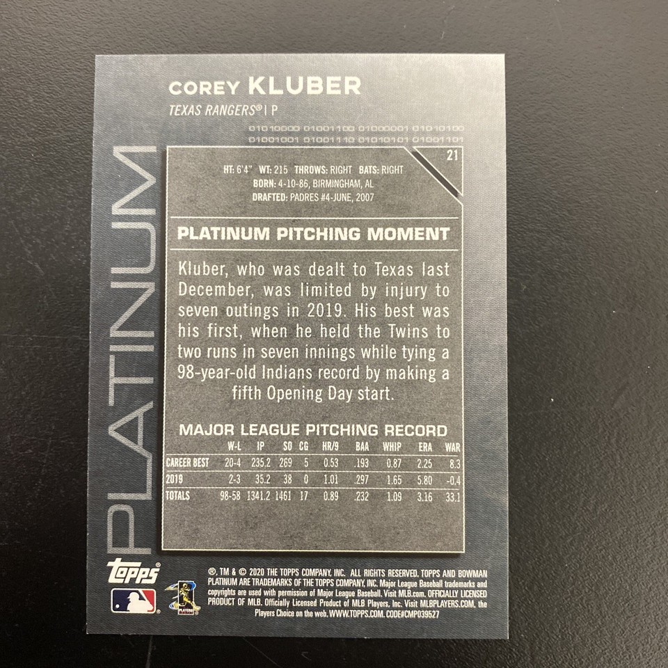 2020 BOWMAN PLATINUM COREY KLUBER #21 TEXAS RANGERS | eBay