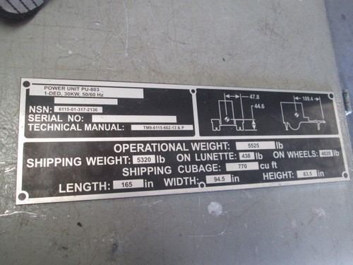 New Alum Data Tag "Power Unit, PU-803, 1-DED, 30kw, 50/60", Military ...