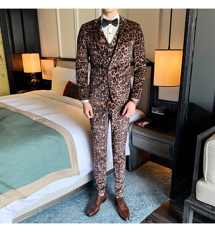 Mens Leopard Print Suit Velvet Wedding Dinner Formal Prom Dress Suits 3 ...