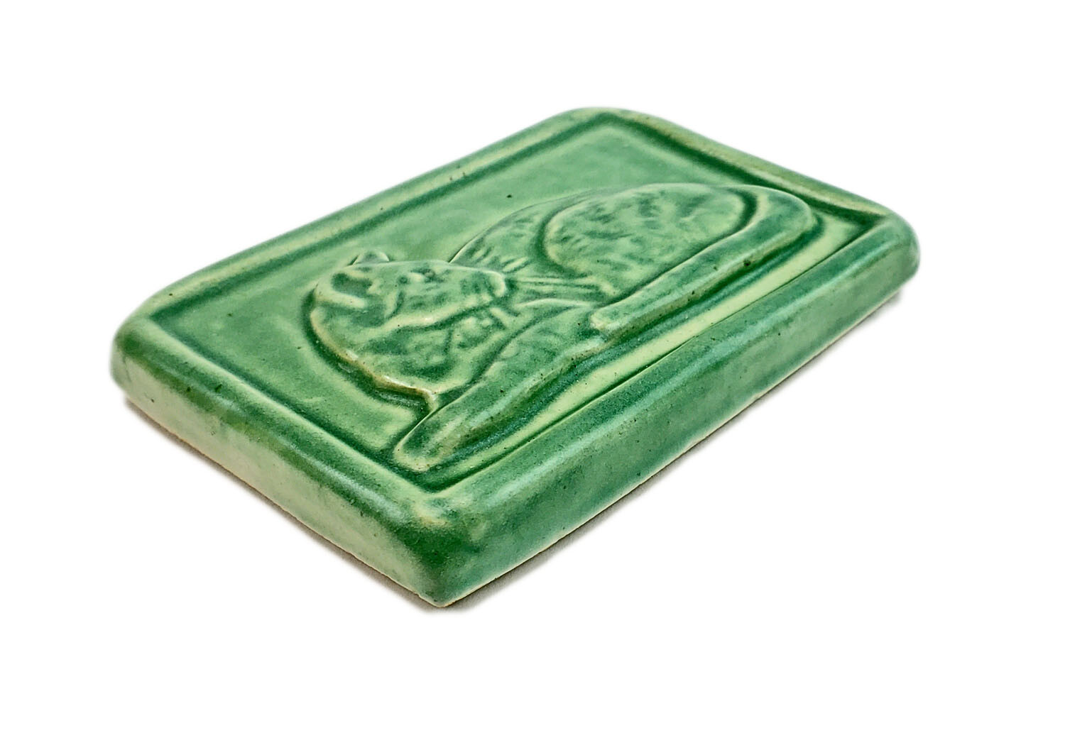 ANTIQUE ART DECO Handmade Green 4"x3" TYGE CAT Pottery TILE Traverse ...