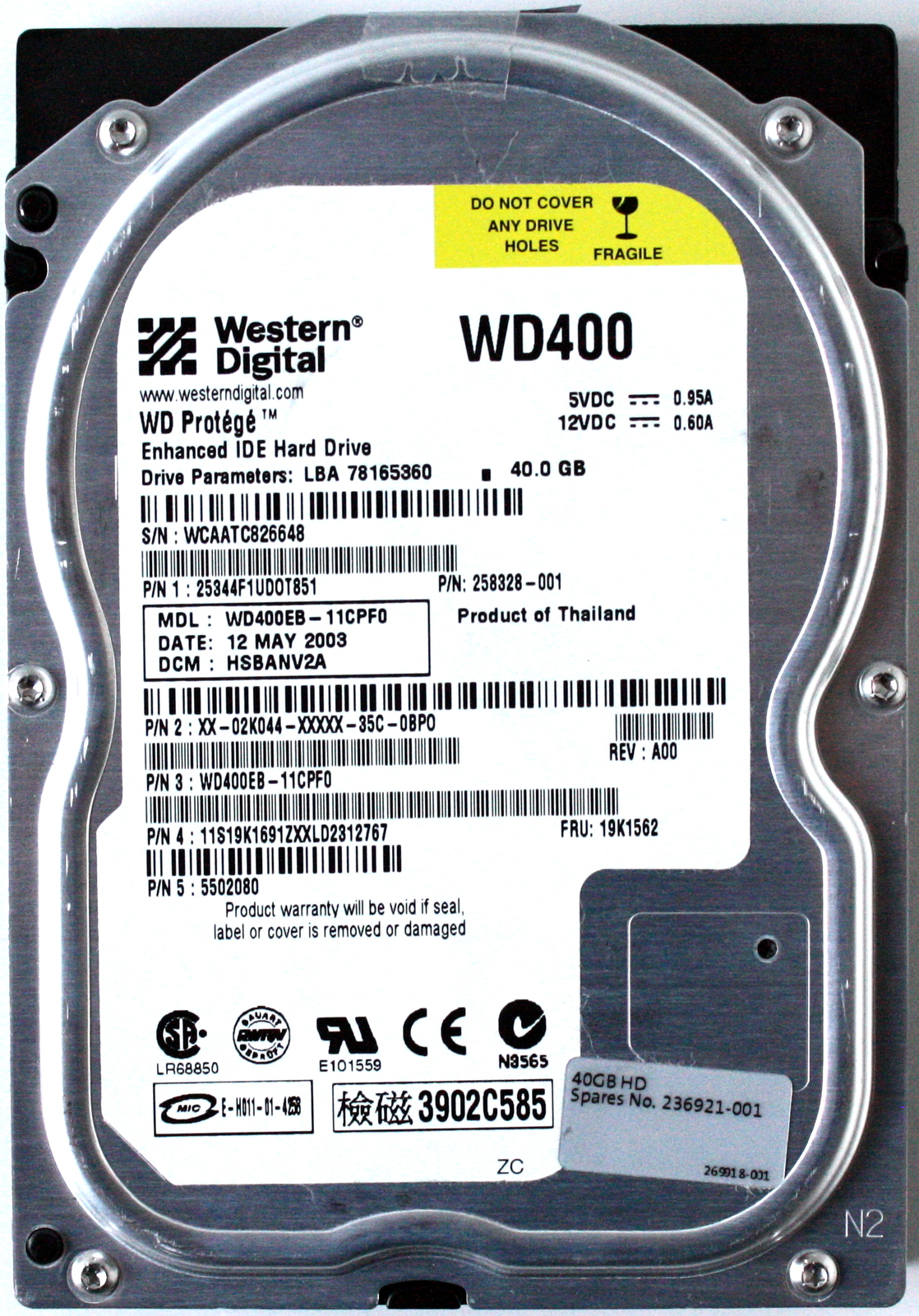 40GB IDE HDD, WD PROTEGE WD400EB-11CPF0, LBA 78165360, 258328-001, DCM ...