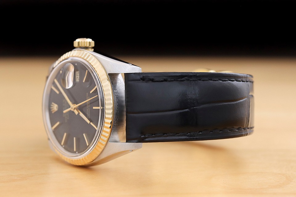 ROLEX DATEJUST 16013 18K YELLOW GOLD STAINLESS STEEL BLACK LEATHER ...