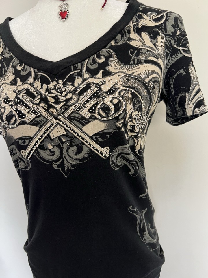 Y2K Rhinestone T Shirt Grunge Biker Guns Roses Wings Graphic Gothic ...