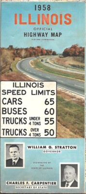 1958 ILLINOIS Official State Highway Road Map Route 66 Chicago ...