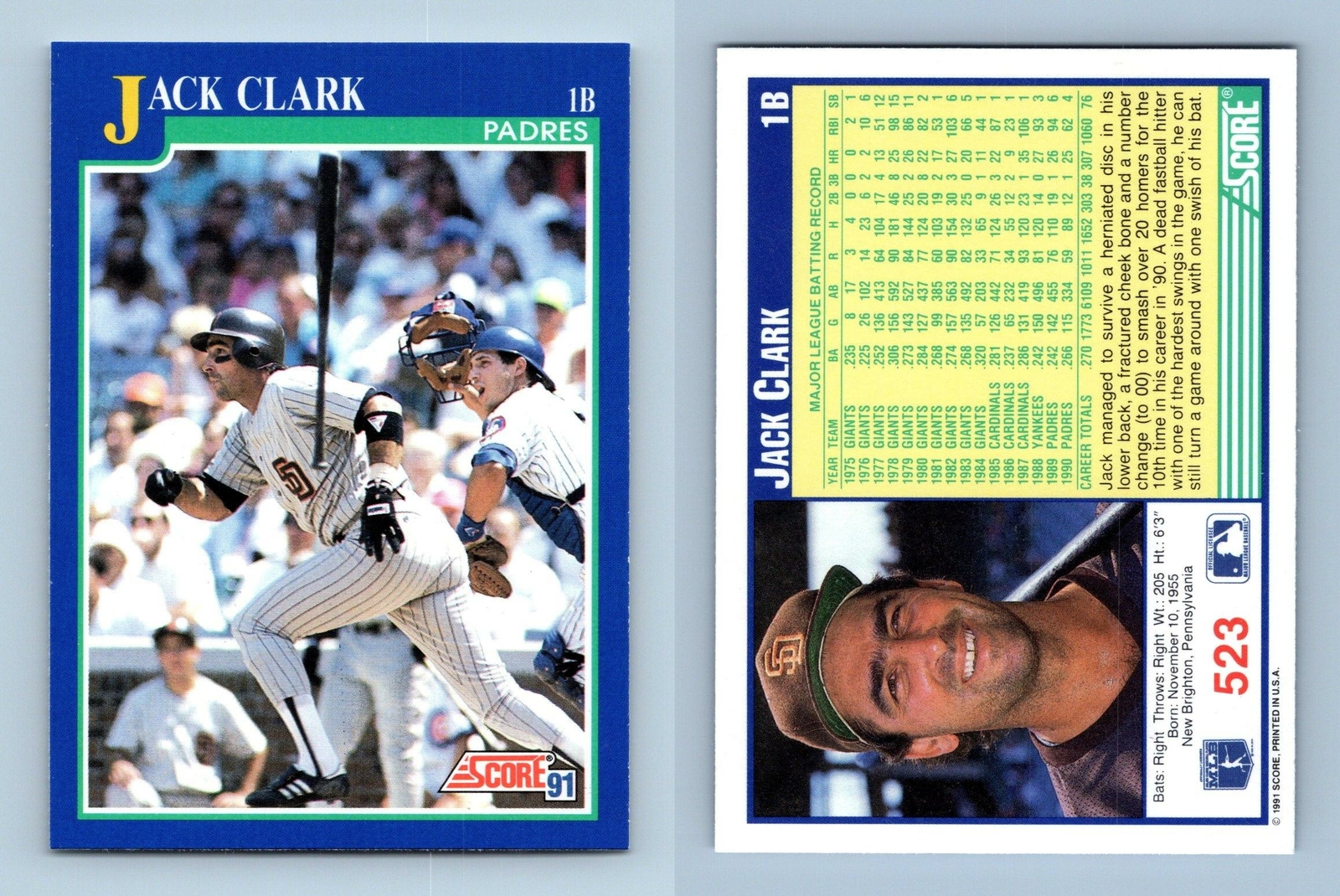 Jack Clark - Padres #523 Score 1991 Baseball Trading Card | eBay