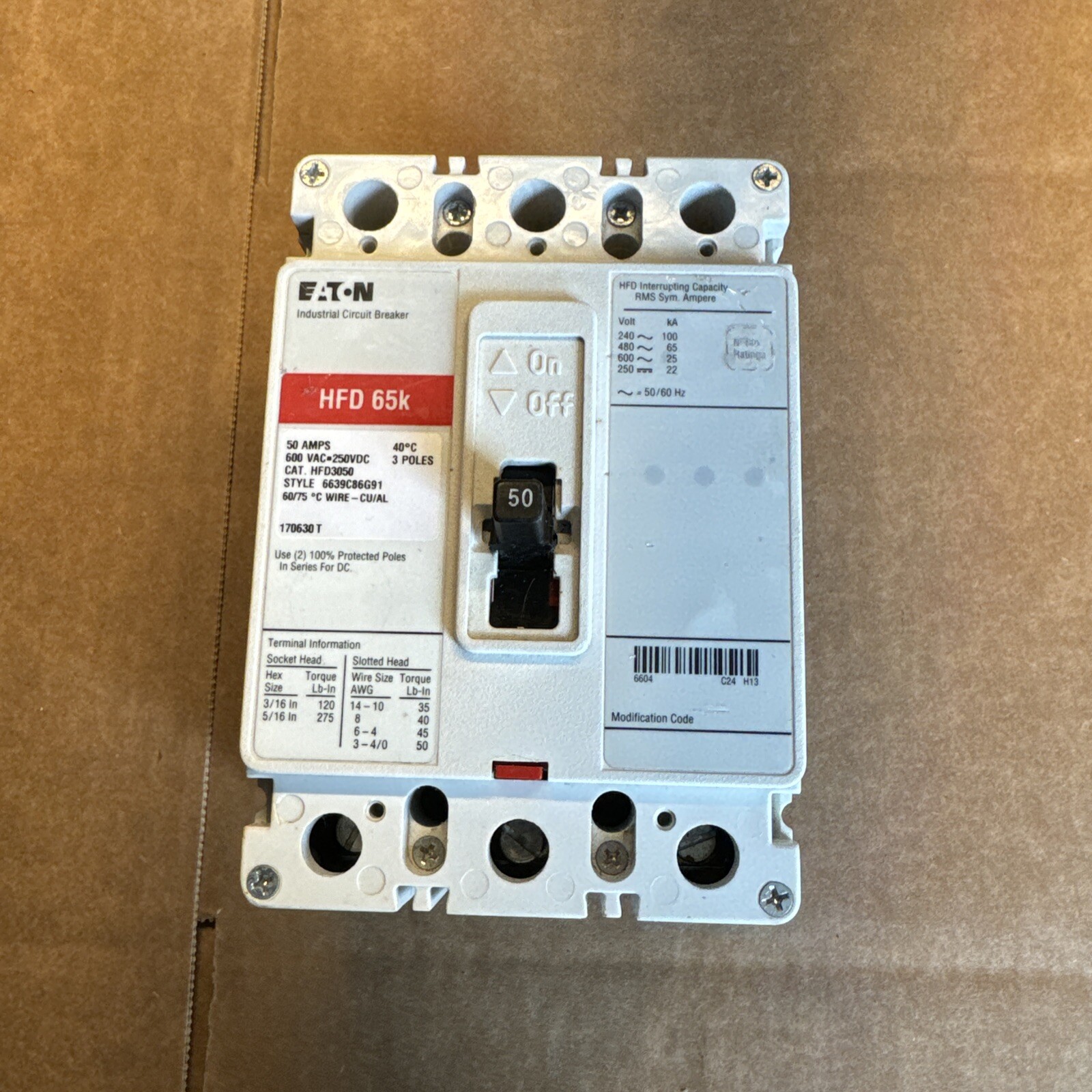 Cutler-Hammer Industrial Circuit breaker HFD3050 50Amps 3-Poles 600VAC ...