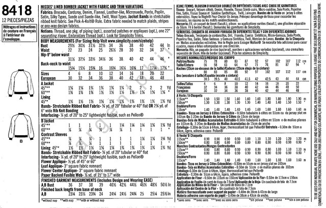 Simplicity 8418 Women's Lined Bomber Jacket Sewing Pattern for sale ...