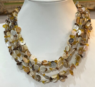 Abalone Shell Round Disk Orange Glass Multi Strand Silver Tone Necklace ...