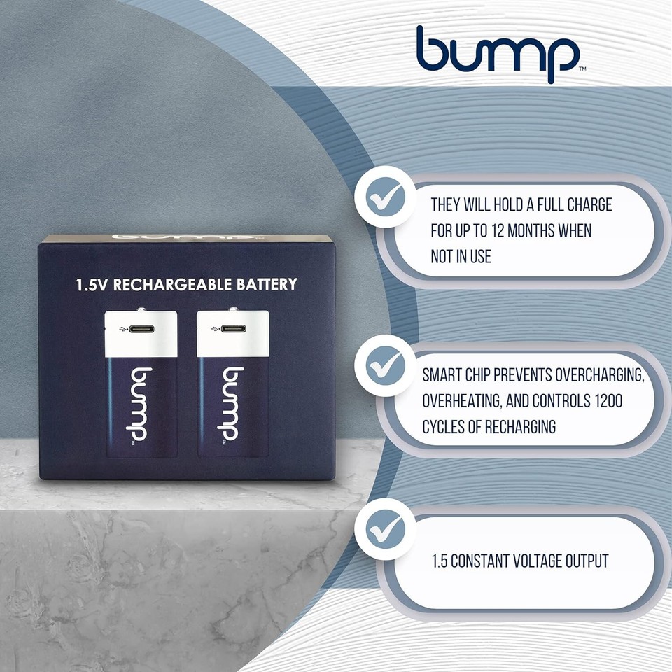 Bump 2 Pack D 1.5V Lithium Ion Rechargeable Batteries 12000mWh USB-C ...