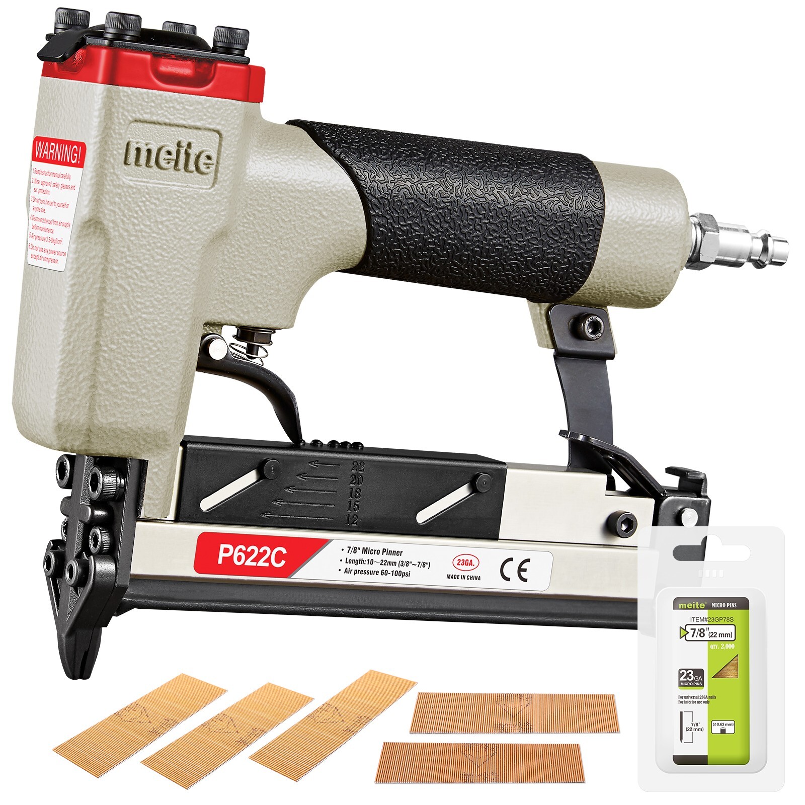 23GA 1/2"- 7/8" Pin Nailer Gun Pneumatic Micro Pinner P622C with 2,000 ...