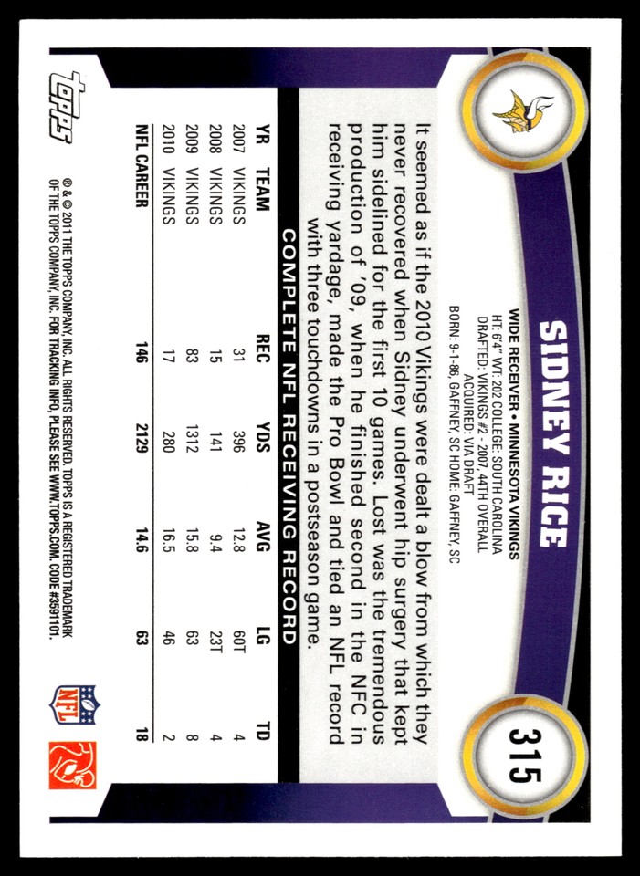 2011 Topps #315 Sidney Rice Minnesota Vikings | eBay