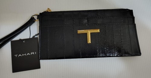 TAHARI Tasha Black Card Case Faux Leather Wristlet Slim City Chic ...
