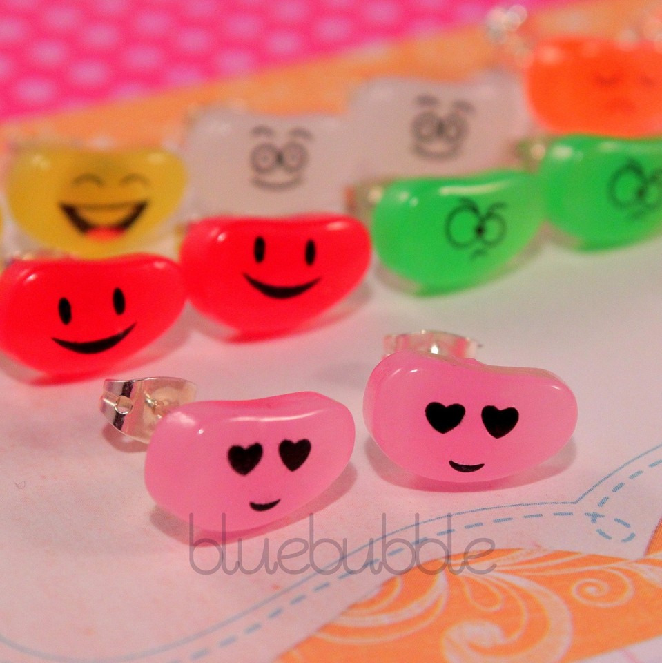 FUNKY JELLY BEAN FACE STUD EARRINGS KITSCH CUTE SWEET KAWAII CANDY JUNK ...