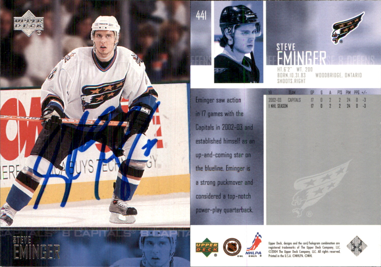 Steve Eminger Signed 2003-04 Upper Deck #441 Card Auto AU Capitals FREE ...
