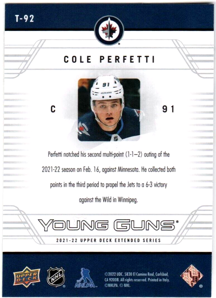COLE PERFETTI RC 21-22 UPPER DECK YOUNG GUNS 06-07 RETRO ROOKIE # T92 ...