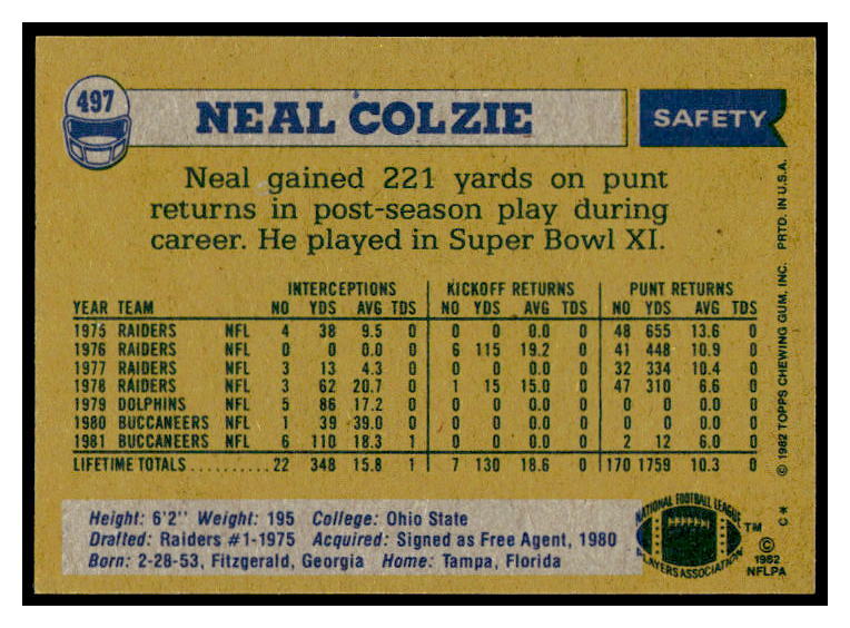 1982 Topps #497 Neal Colzie Tampa Bay Buccaneers Excellent | eBay
