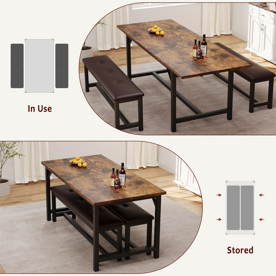 63" Extendable Dining Room Table Set with 2 Upholstered Benches Dining ...