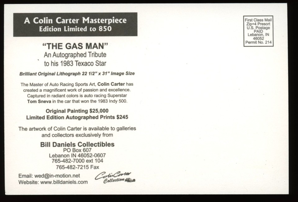Tom Sneva 1983 Indianapolis Indy 500 Colin Carter Racing Art Postcard ...