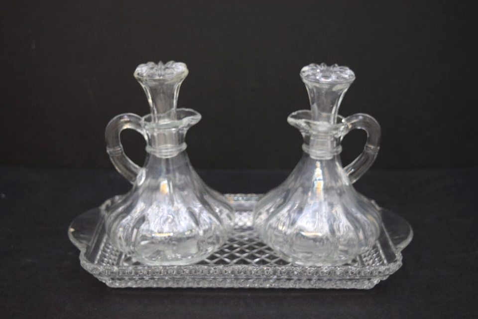 Nice Older Glass Cruet Set With Tray, 2 Cruets With Tray, (CU294 ...